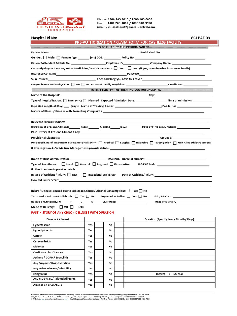 Cashless Claim Form for Generali Insurance | PDF | Hospital | Insurance