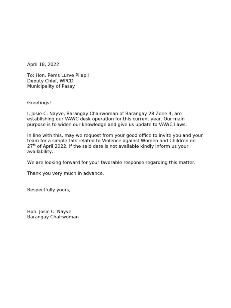 Letter of Request To VAWC Seminar | PDF