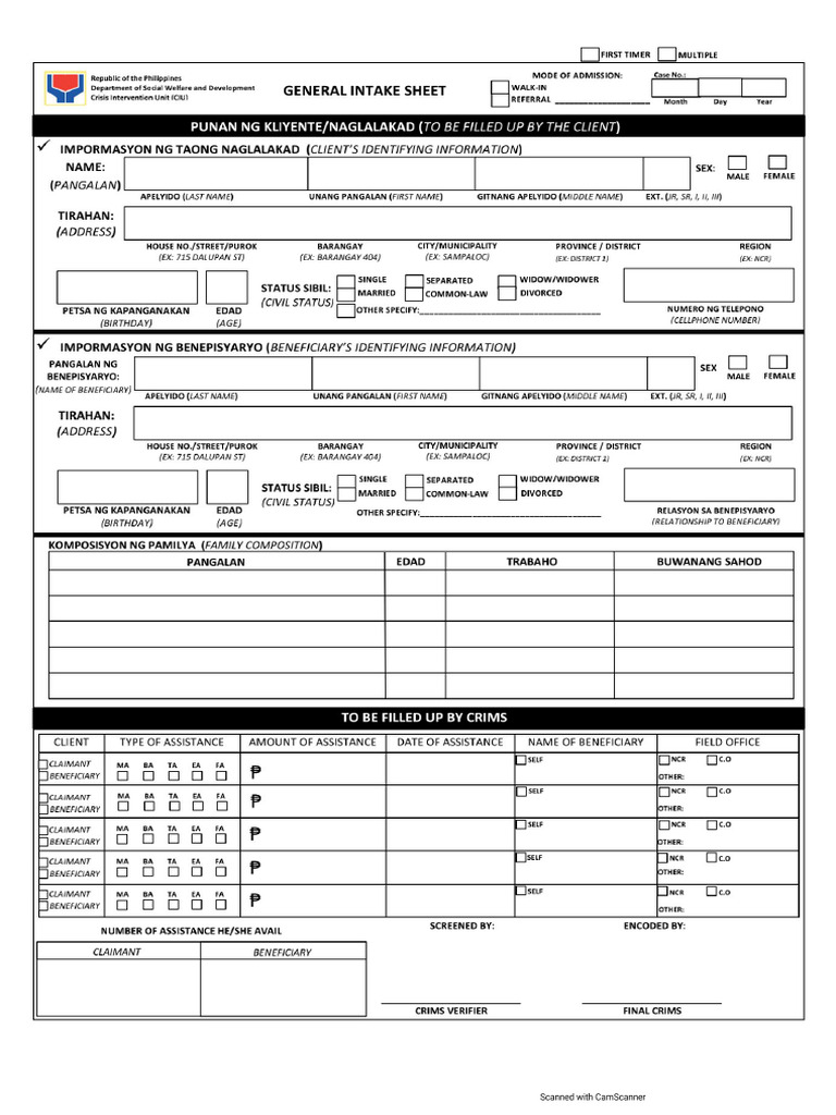 General Intake Sheet | PDF