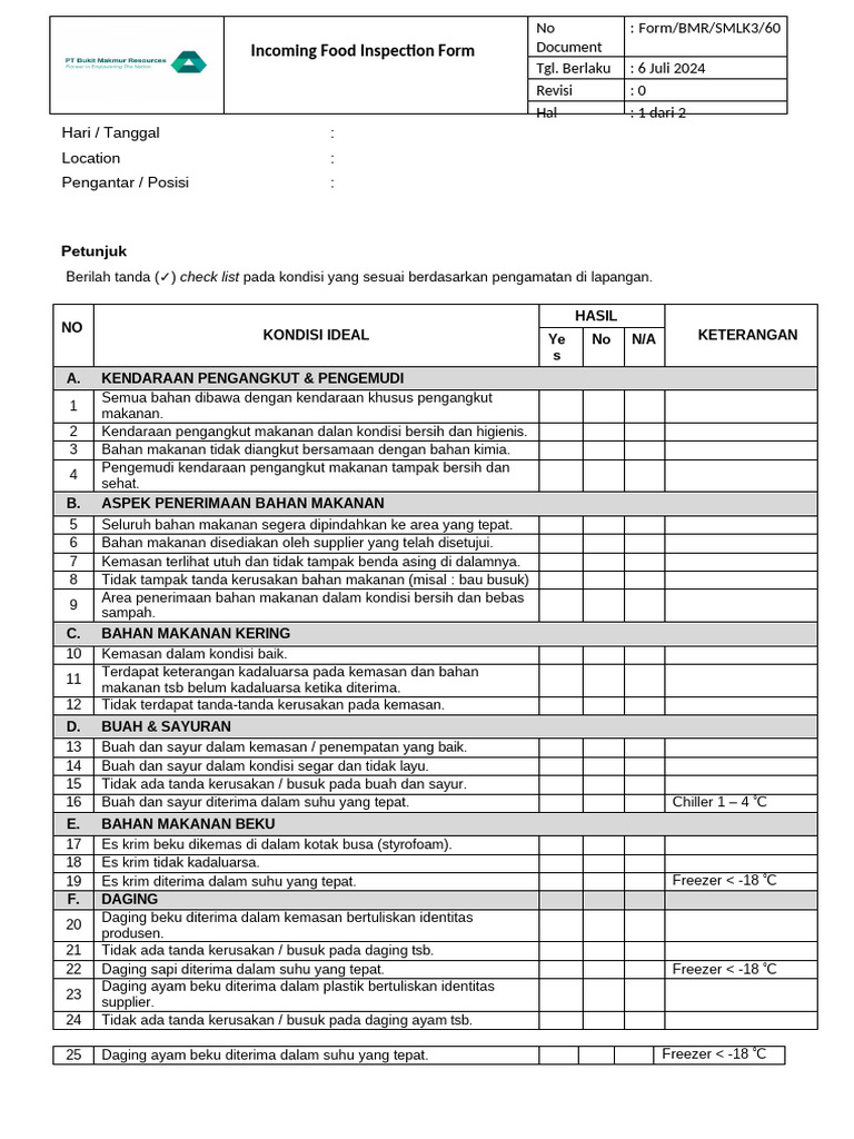 FORM BMR SMLK3 60 Food Incoming Inspection Checklist Terbaru | PDF