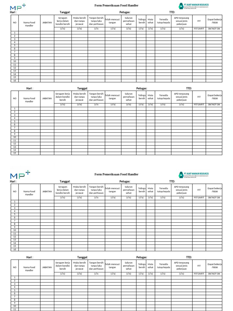 Form Pemeriksaan Food Handler | PDF