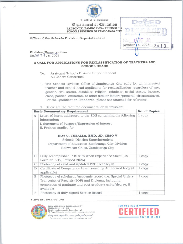 Memo Re Call For Applications For Reclassification of Teachers and ...