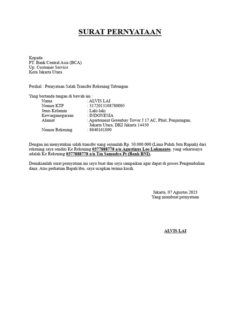 Surat Pernyataan Bank BCA | PDF