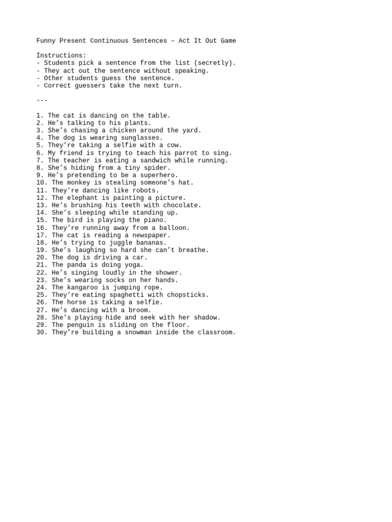 Act It Out: Funny Present Continuous Game | PDF