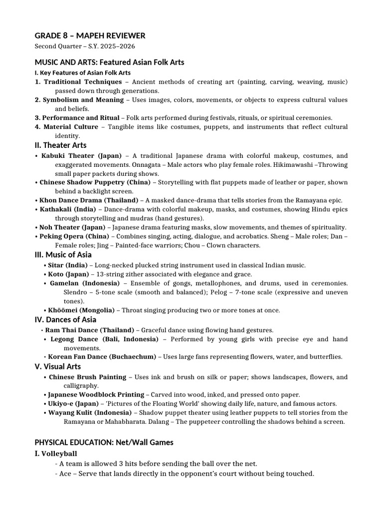 MAPEH 8: 2nd Quarter Review Guide | PDF | Mask | Entertainment