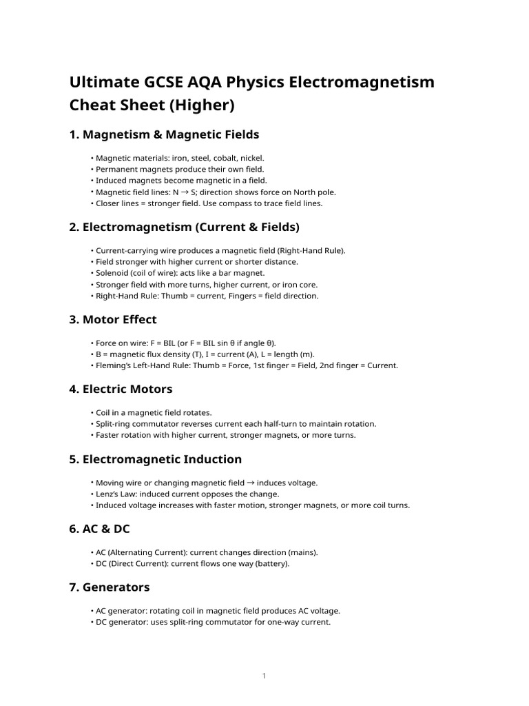 Electromagnetism Cheat Sheet | PDF | Electromagnetic Induction | Inductor