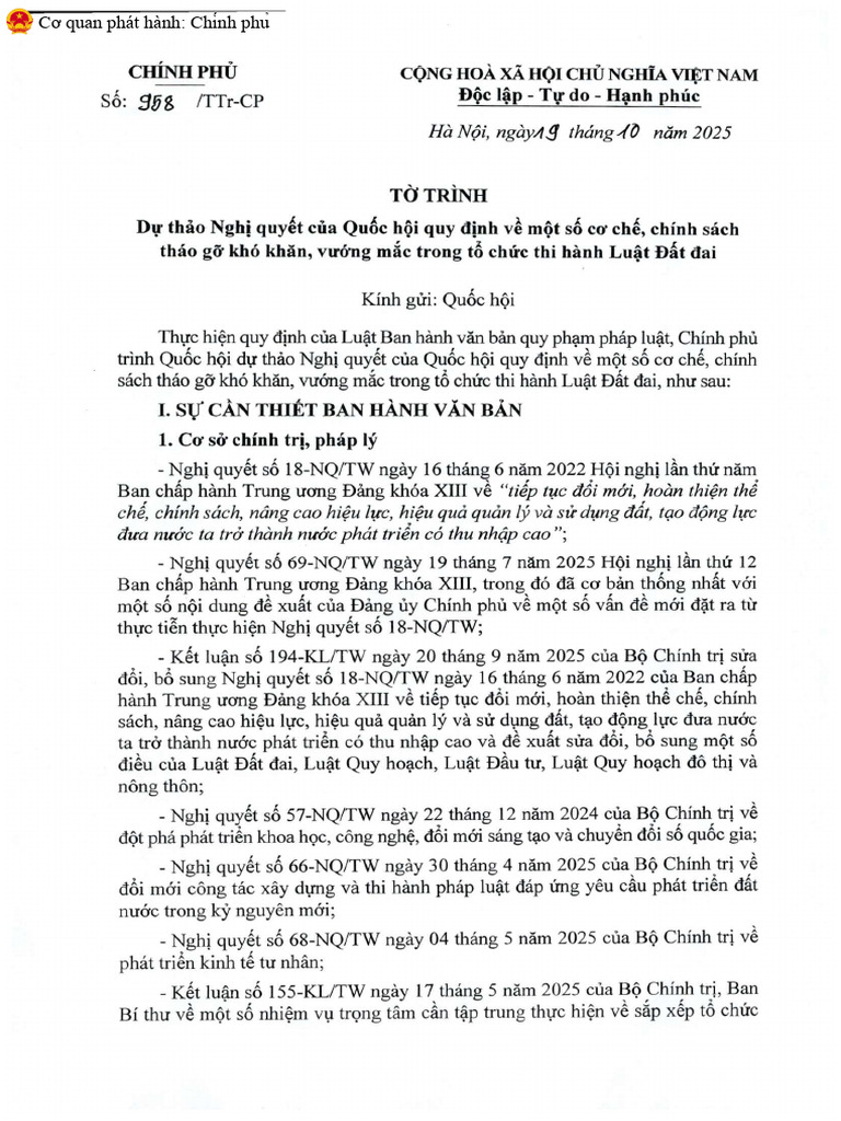 A5401_TTr958 Dt NQ Co Che Thao Go Kho Khan Thi Hanh Luat Dat Dai___20251020074251 | PDF