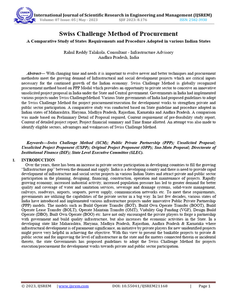 Swiss Challenge Method of Procurement - A Comparative Study of States ...