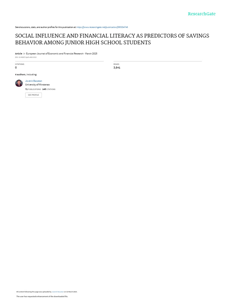 Savings Behavior in Junior High Students | PDF | Financial Literacy ...