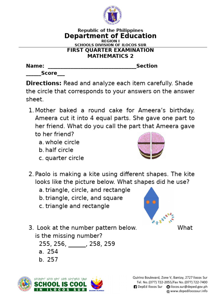Mathematics 2 First Quarter Exam Guide | PDF