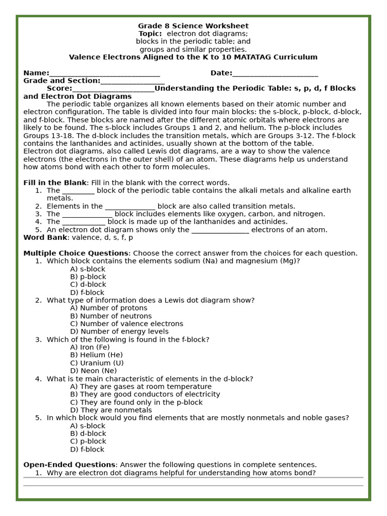 8.-Lesson8 Week 8 Worksheets | PDF | Periodic Table | Atomic