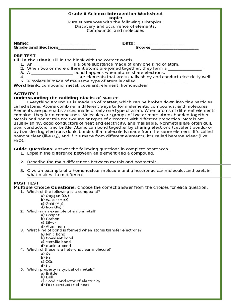 4.-Lesson4 Week 4 Worksheets | PDF | Chemical Compounds | Chemical Bond