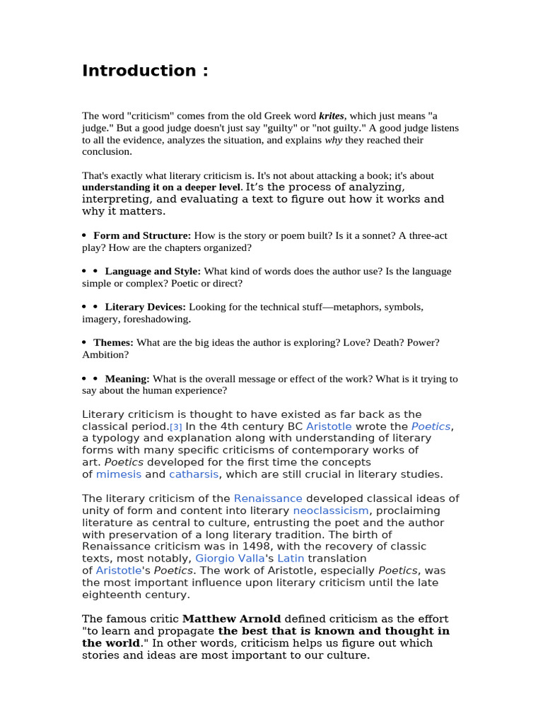 Introduction To Literary Criticism | PDF | Aristotle | Literary Criticism