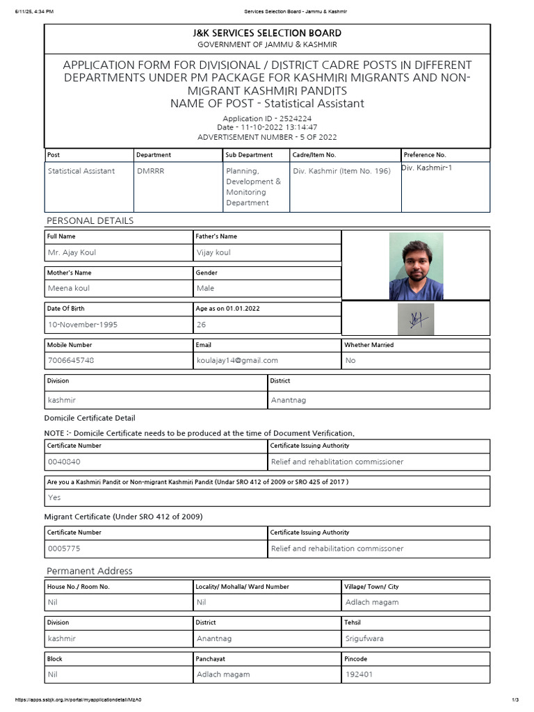 J&K Statistical Assistant Application Form | PDF | Public Law | Justice