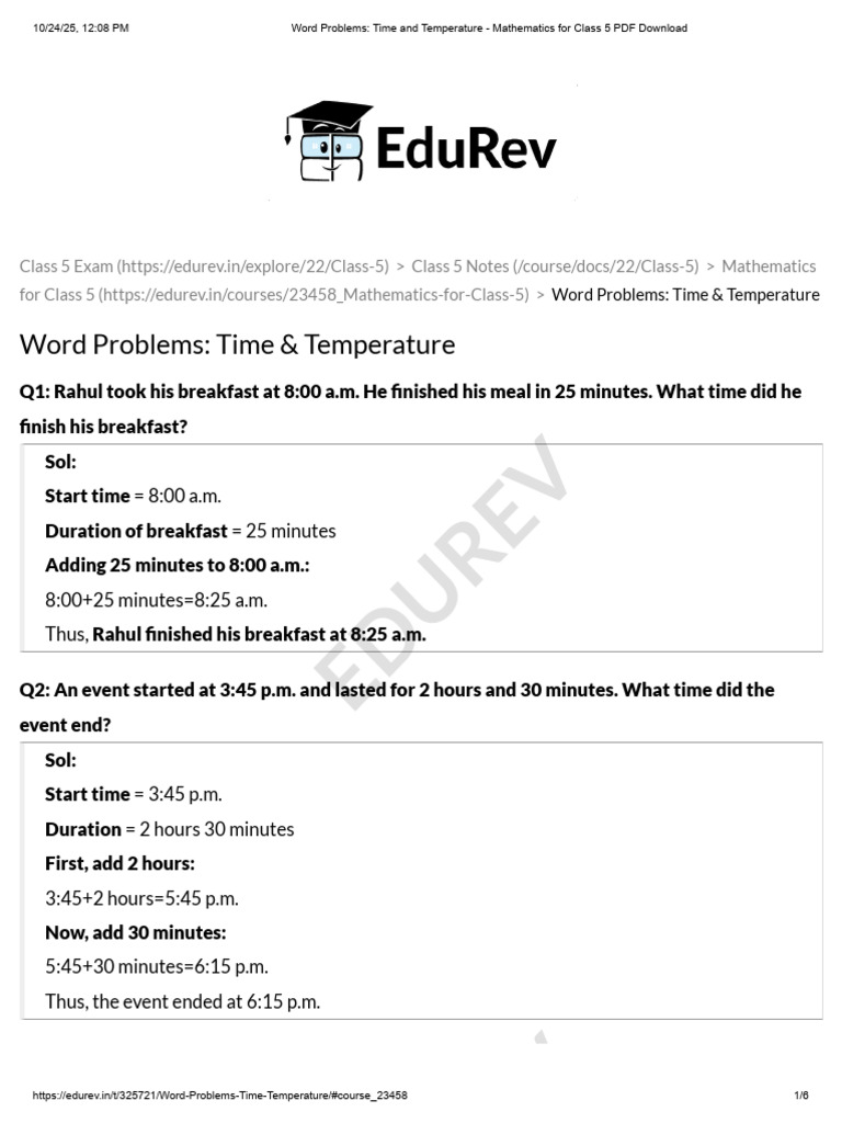 Time and Temperature Word Problems | PDF | Transport Phenomena ...