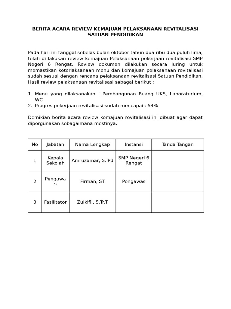 Berita Acara Review Kemajuan Pelaksanaan Revitalisasi | PDF
