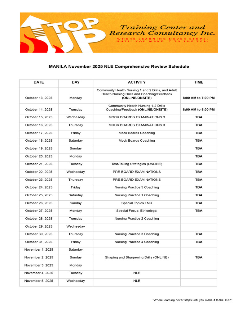 MANILA Nov 2025 NLE Comprehensive Review Schedule | PDF