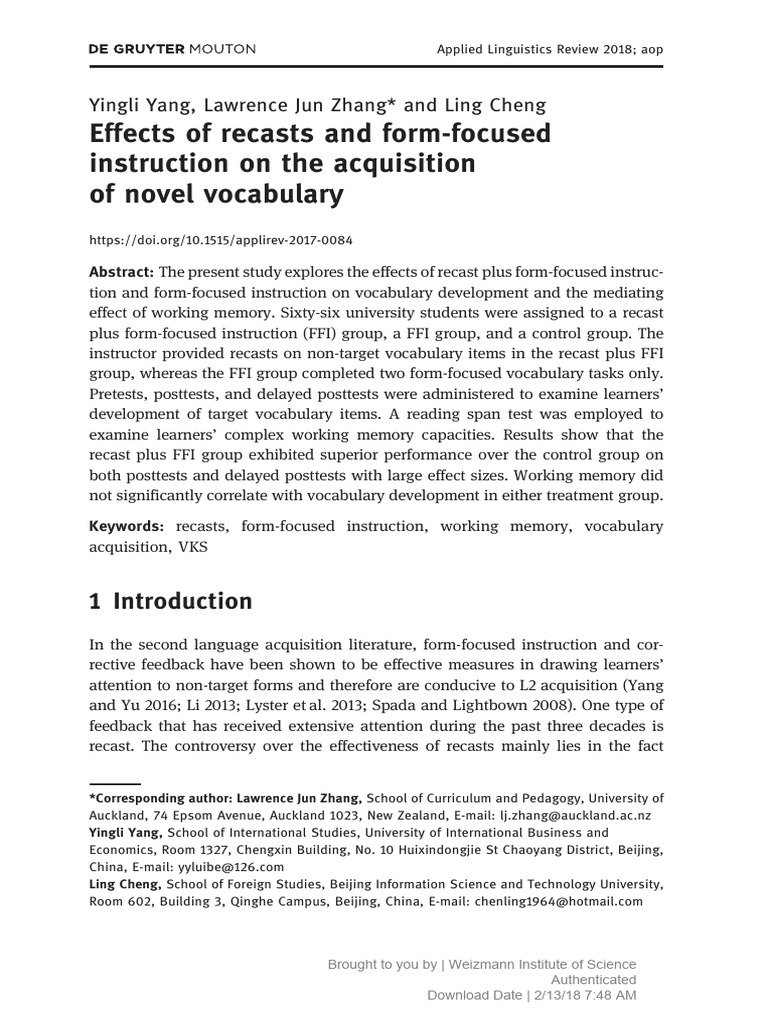 Effects of Recasts and Form-Focused Instruction On The Acquisition of ...