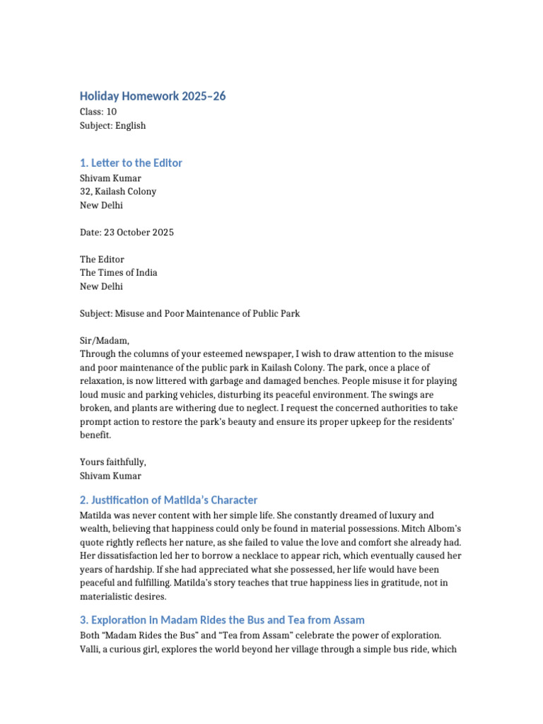 Class 10 English Holiday Homework 2025 | PDF