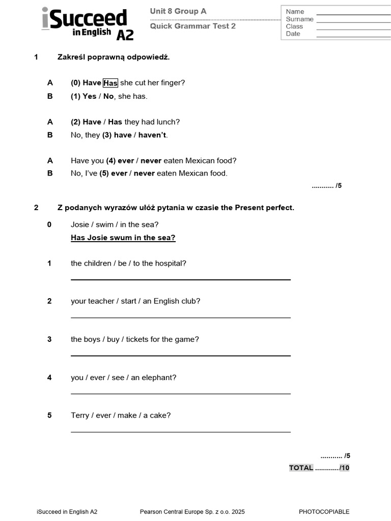 Unit 8 - Quick Grammar Test 2 - Group A | PDF