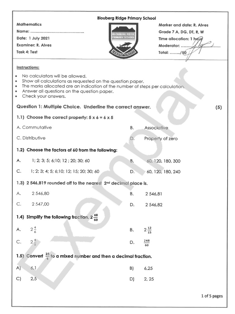 Grade 7 Mathematics Mid Year Examination 2021 | PDF