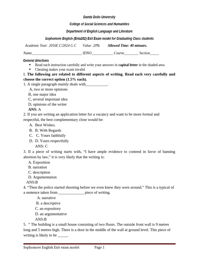 Sophomore English Exit Exam Model | PDF | Vitamin