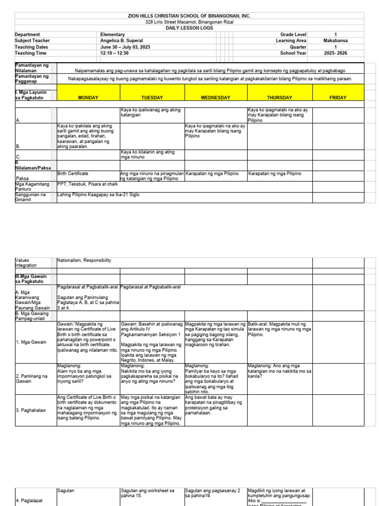 DLL Makabansa 1 W1Q1 | PDF