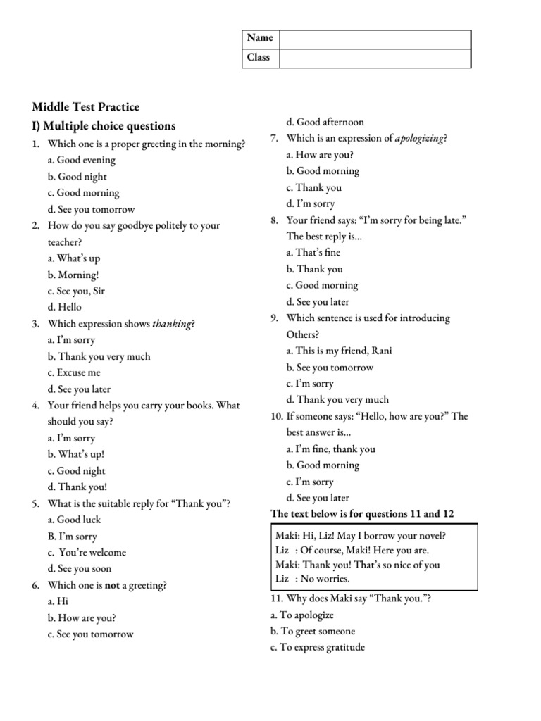 Middle Test Practice: Greetings & Etiquette | PDF | Chess Openings | Chess