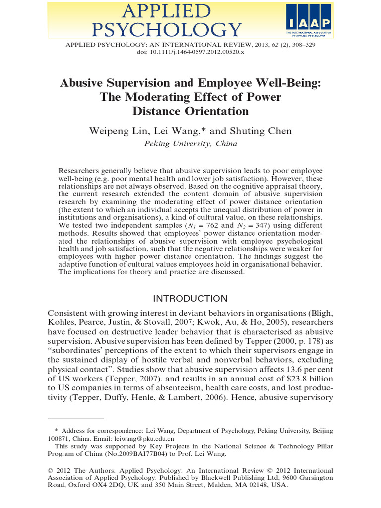 Abusive Supervision and Power Distance Effects | PDF | Job Satisfaction ...
