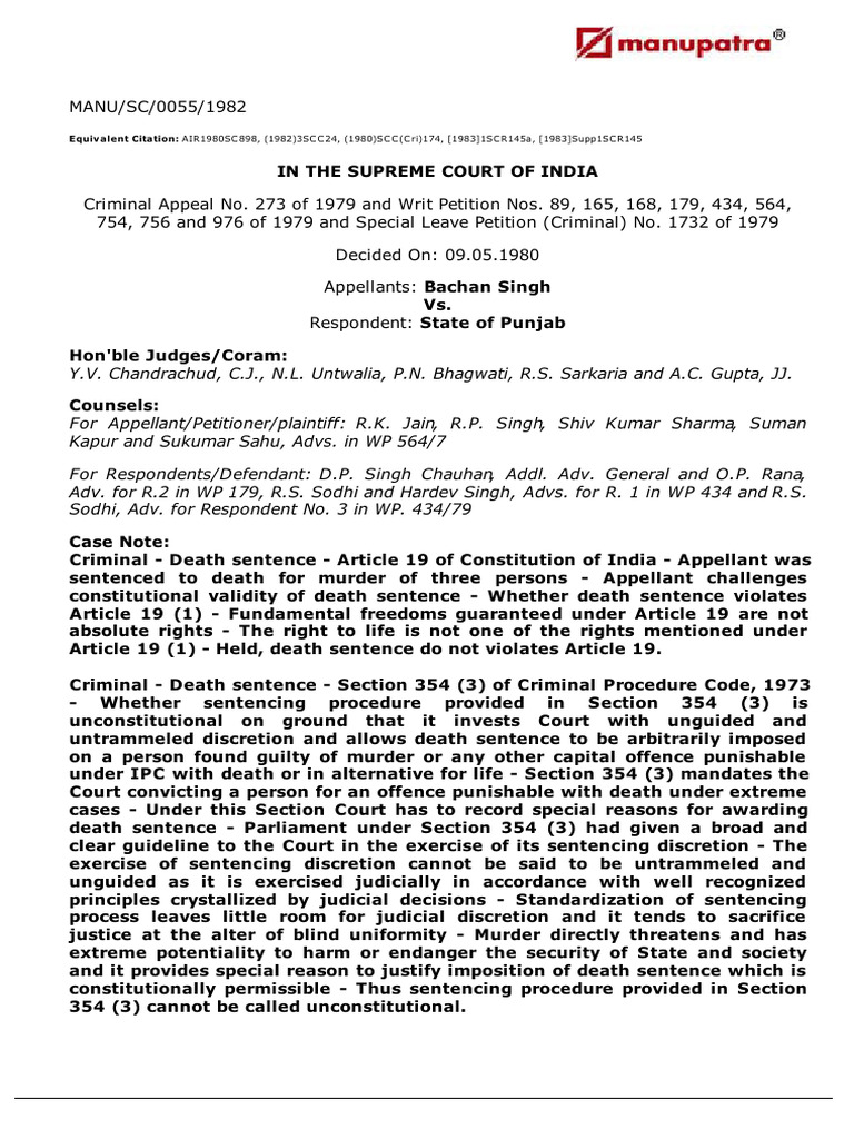 Bachan Singh Vs State of Punjab 09051980 SCs820055COM537325 | PDF ...