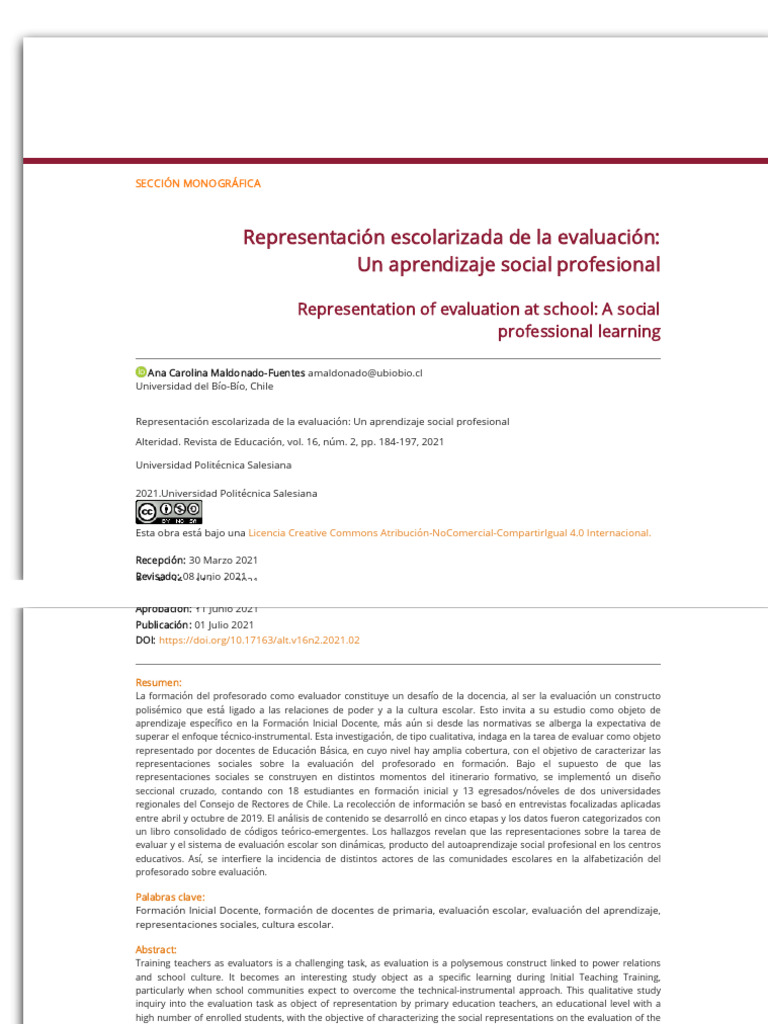Representación Escolarizada de La Evaluación: Un Aprendizaje Social ...