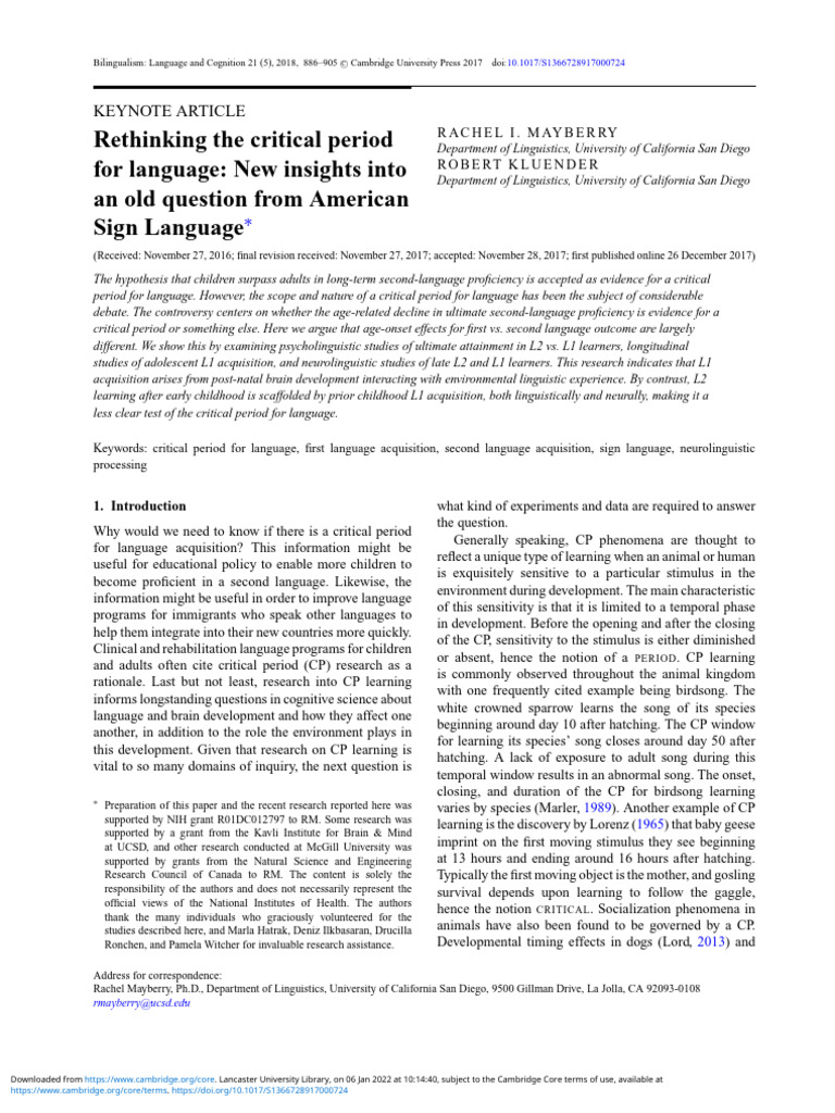 Rethinking Language Critical Periods | PDF | Second Language | Second ...