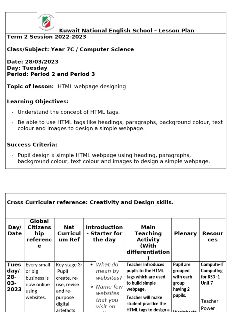 Lesson Plan 7 HTML 7C | PDF | Lesson Plan | Html