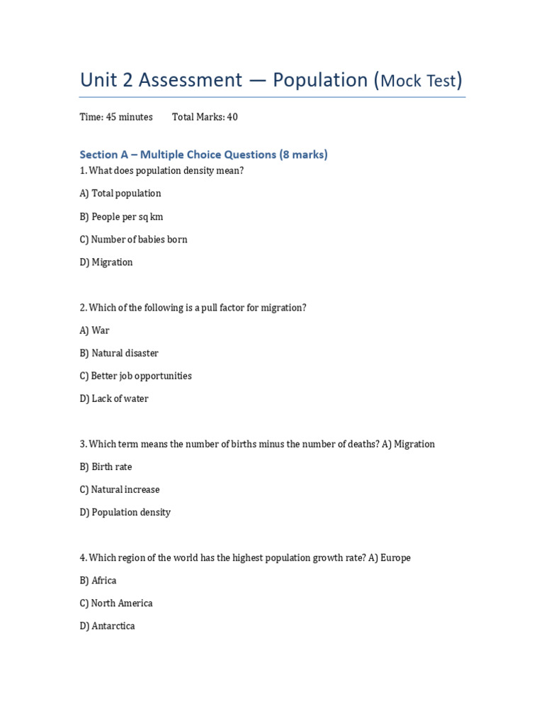 Population Assessment Mock Test | PDF | Birth Rate | Human Migration