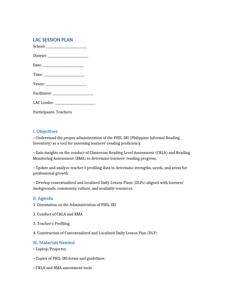 LAC Session Plan for Reading Assessment | PDF | Teachers | Lesson Plan