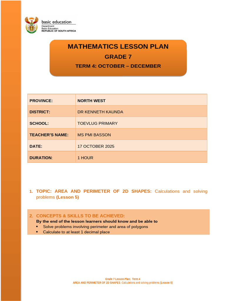 Grade 7 Term 2 Area and Perimeter of 2d Shapes Lesson 5 | PDF | Area ...
