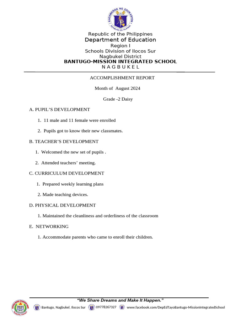 Bantugo Mission School Accomplishment Report | PDF | Teachers | Learning