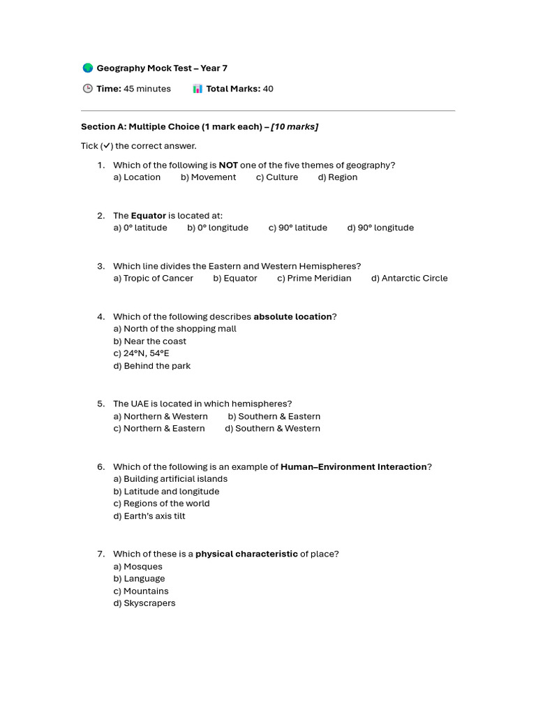 ? Geography Mock Test With Answer - Y7 | PDF | Latitude | Equator