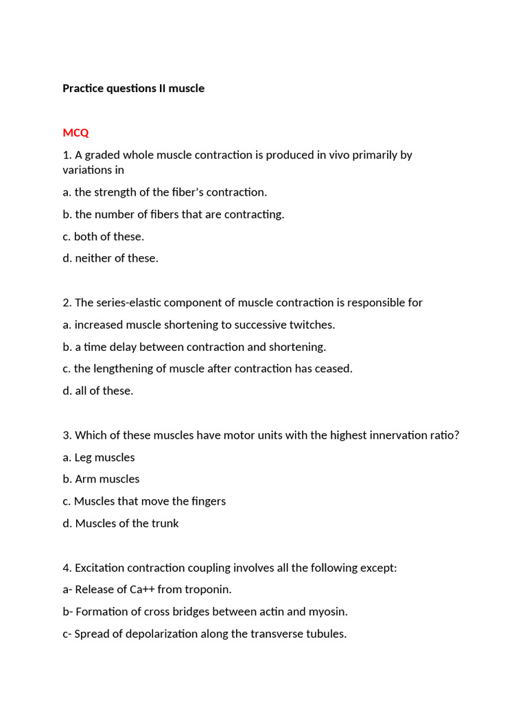 Practice Questions II Muscle | PDF | Muscle Contraction | Skeletal Muscle