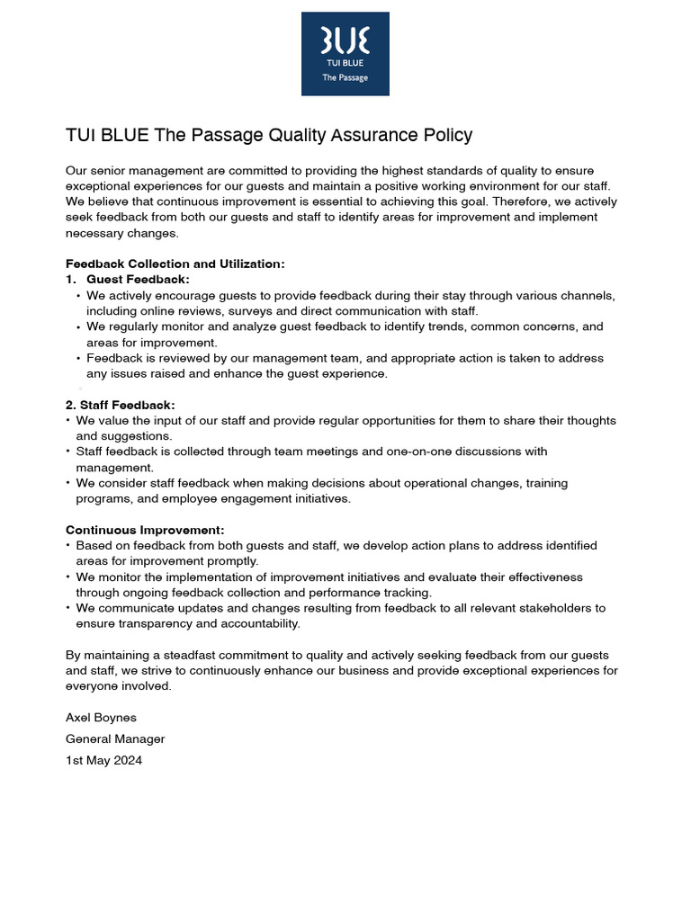 TUI BLUE The Passage Quality Assurance Policy | PDF