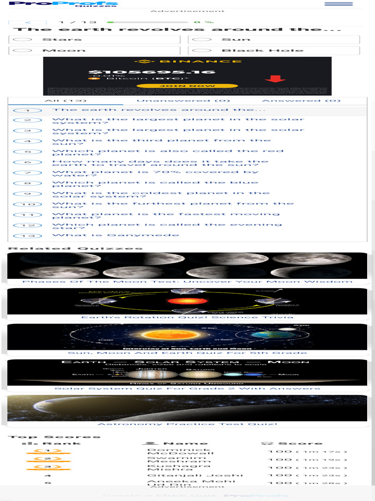 8th Grade Planets and Space Quiz - Question 1 | PDF | Planets | Local ...