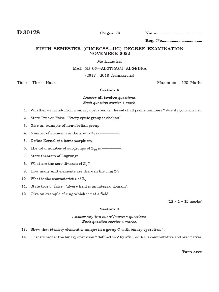 2022 Mat 5b 06 - 30178 - Abstract Algebra | PDF | Group (Mathematics ...