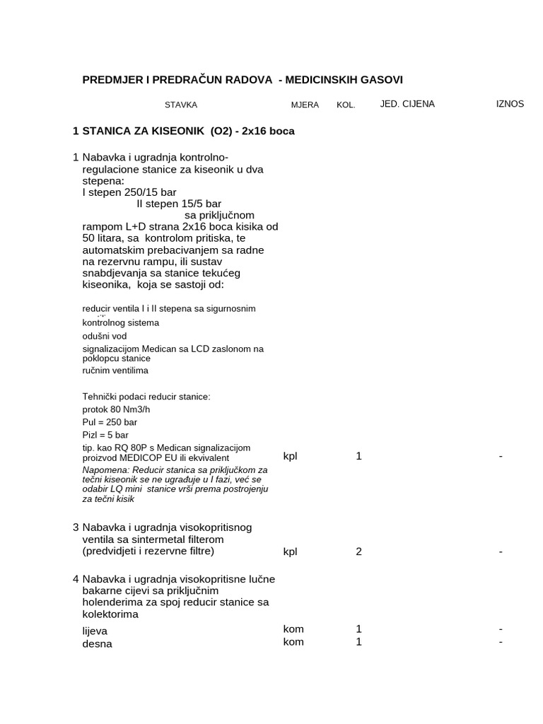 Predmjer Radova Med. Gasovi - Tender | PDF