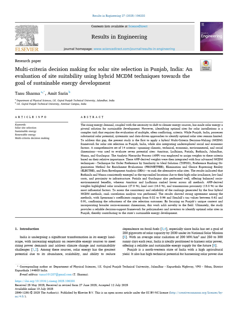Multi-Criteria Decision Making For Solar Site Selection in Punjab ...