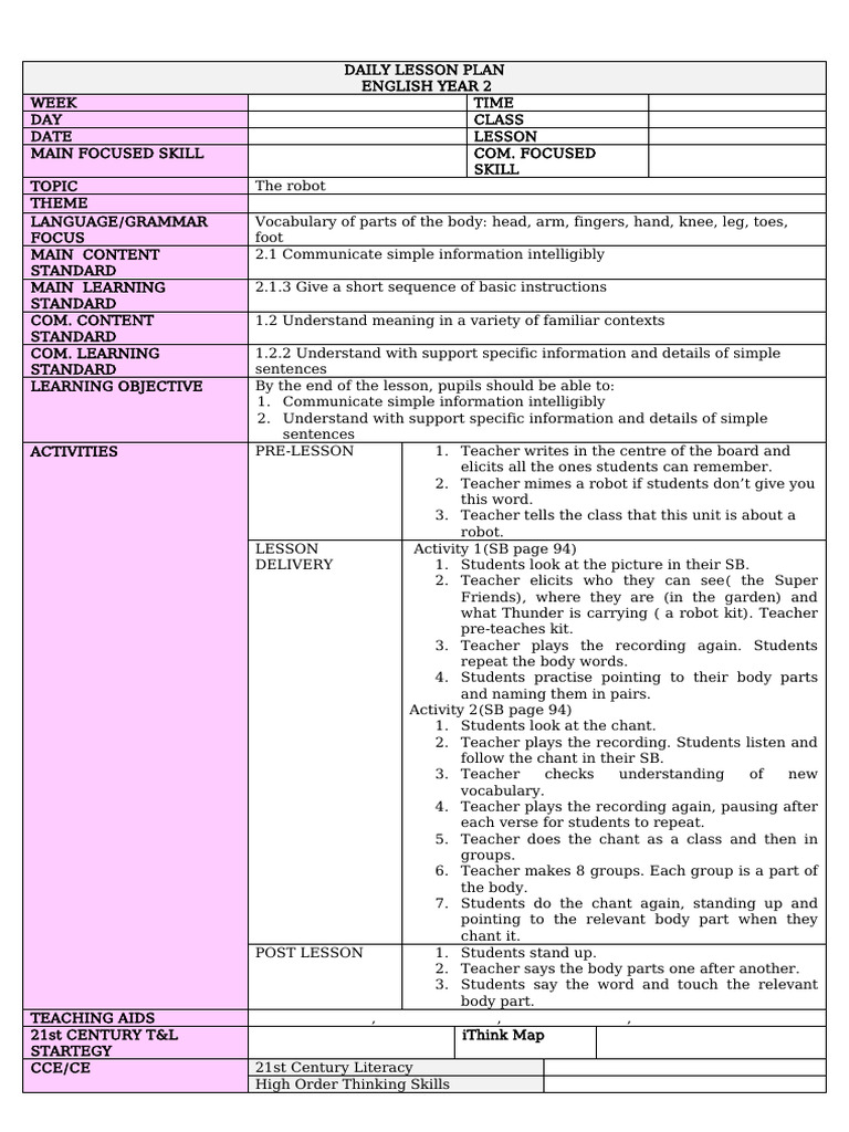 Year 2 English Lesson Plan: The Robot | PDF | Lesson Plan | Curriculum