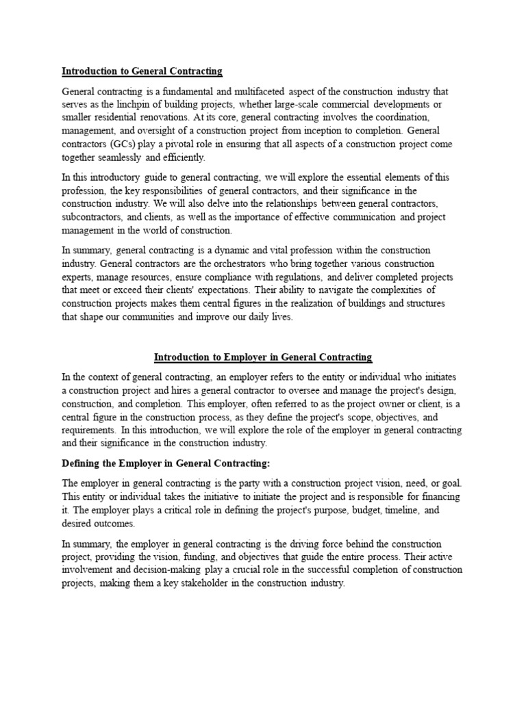 Overview of General Contracting Roles | PDF | General Contractor ...