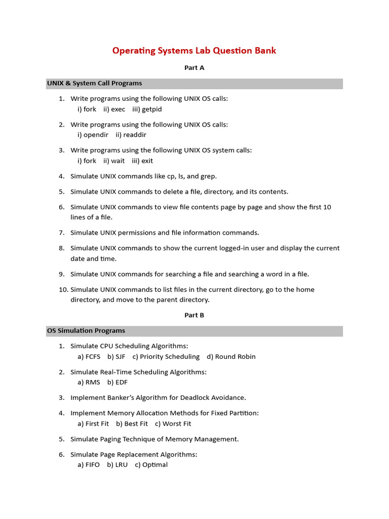 Operating Systems Lab Question Bank | PDF