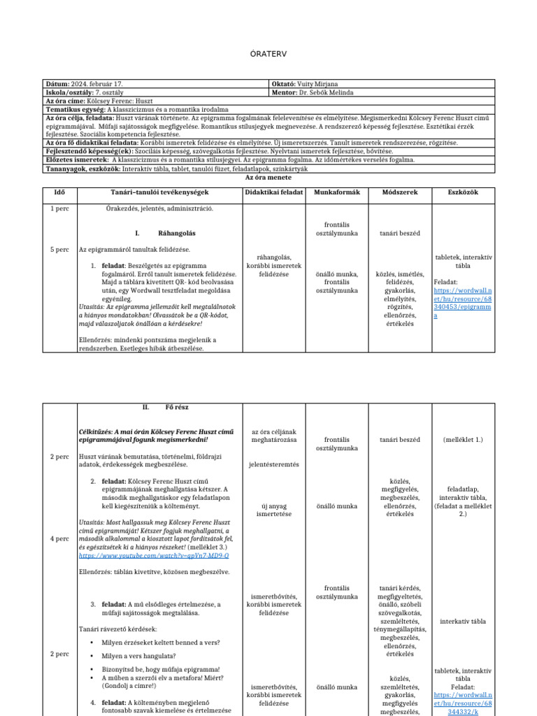 Kölcsey Ferenc Huszt Óraterv | PDF