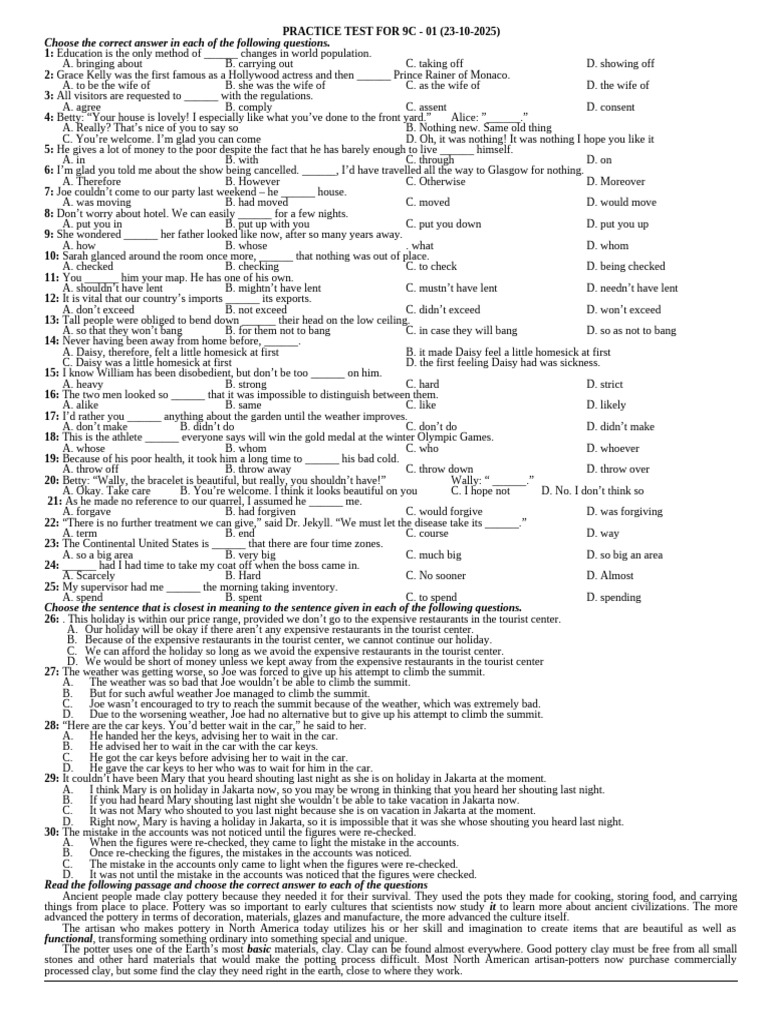 9C Practice Test: Language Skills Assessment | PDF | Pottery ...