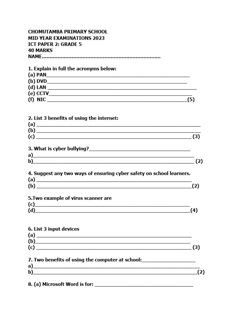 p2 Ict Grade 5 Mid Yrs Chomutamba Primary School | PDF | Computing | Chess Theory